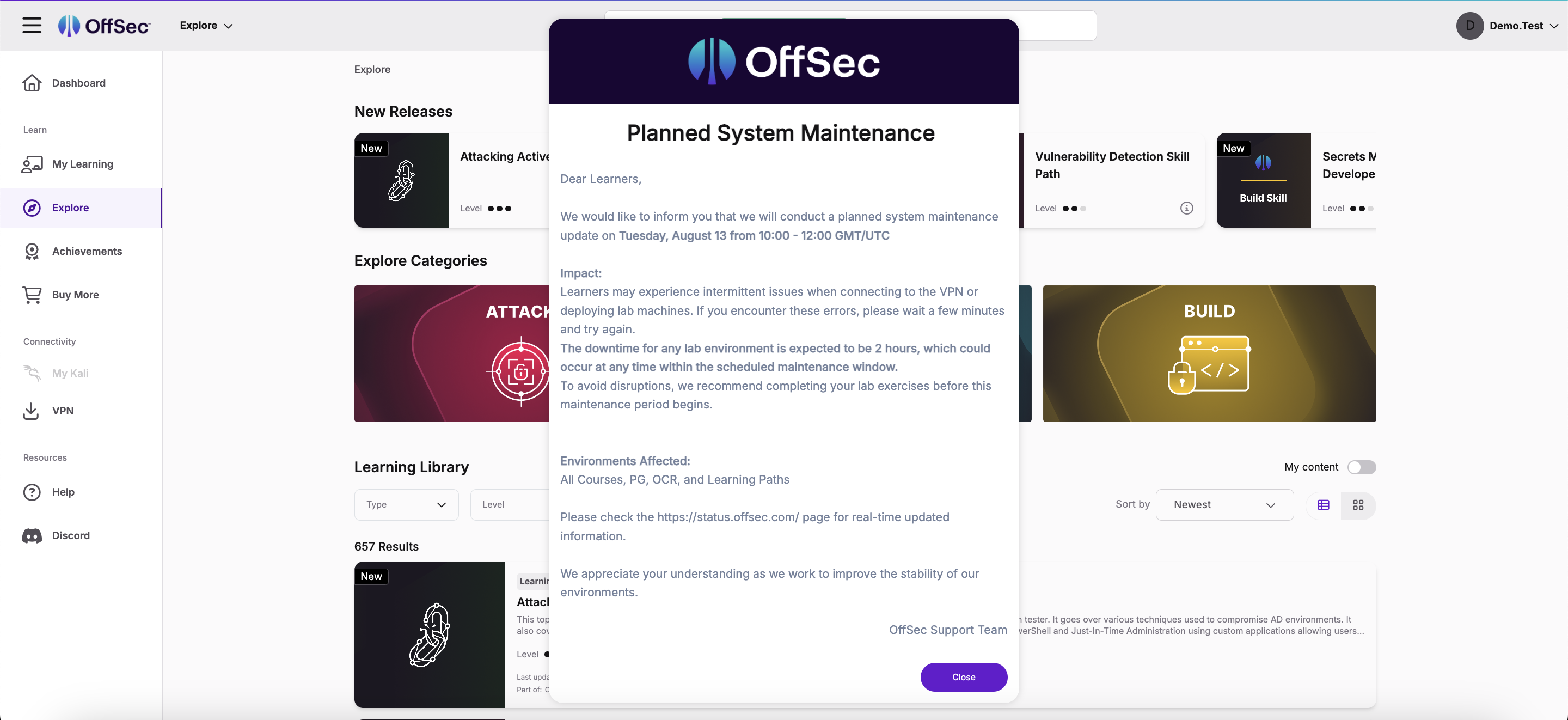 Will I receive any notifications in the OffSec Learning Platform? – OffSec Support Portal